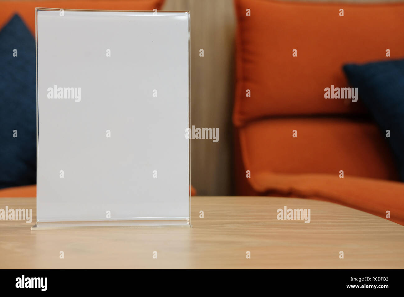 white label in cafe. display stand for acrylic tent card in coffee shop ...