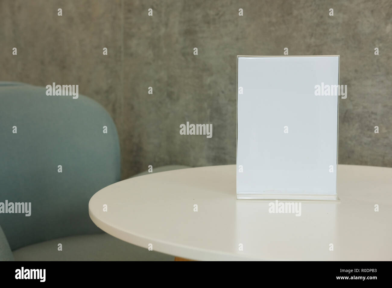 white label in cafe. display stand for acrylic tent card in coffee shop ...