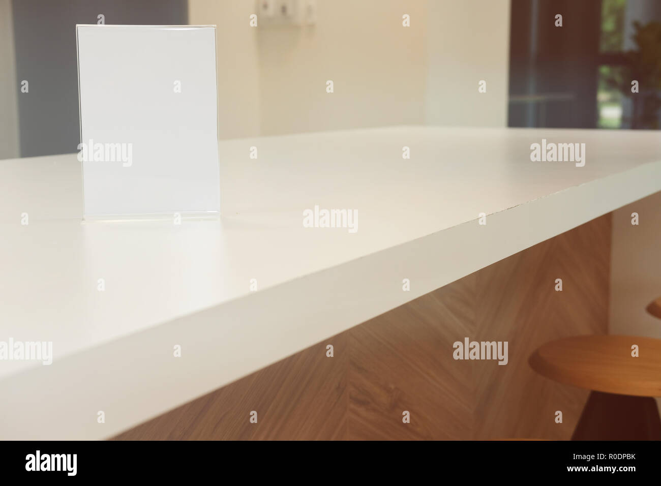 white label in cafe. display stand for acrylic tent card in coffee shop ...