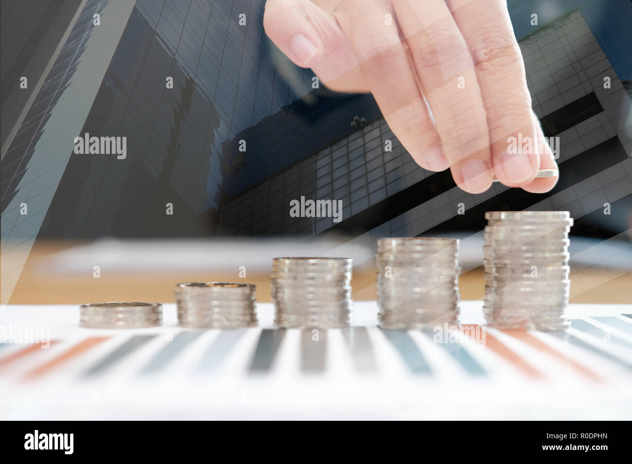 hand put coin on pile stack. money savings, cash deposit concept Stock ...