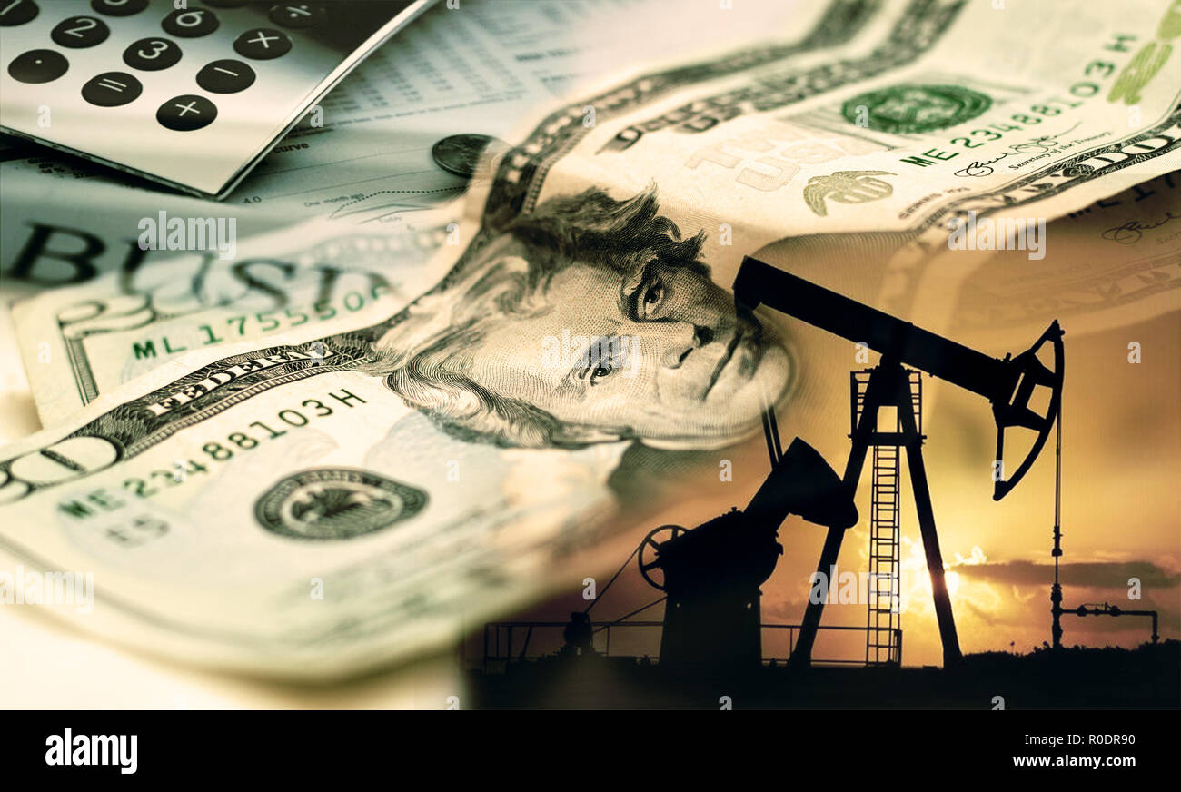 Petroleum, petrodollar and crude oil concept, Oil pump on background of ...