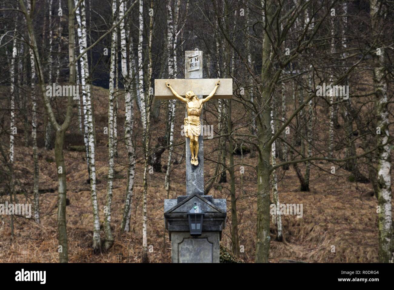 Golden Jesus Christ crucifixion statue, cloudy winter dark day, birch ...