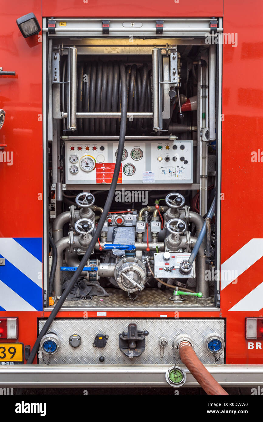 Hoses, Valves and other Inventory of a Fire Engine Stock Photo - Alamy