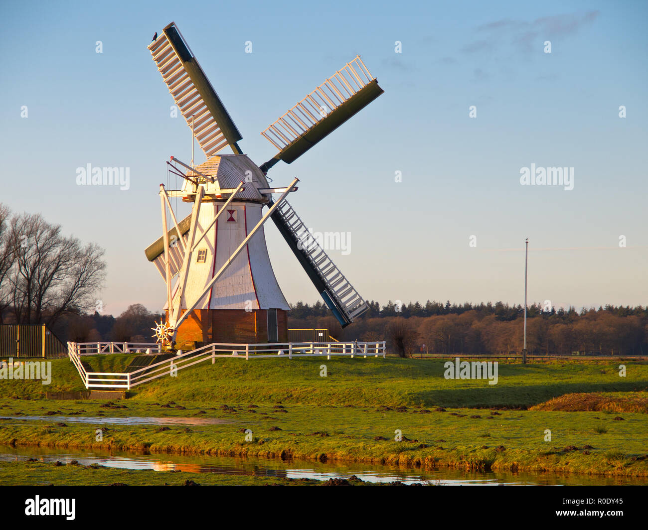 White Wooden Windmill in Dutch Polder Landscape Stock Photo - Alamy