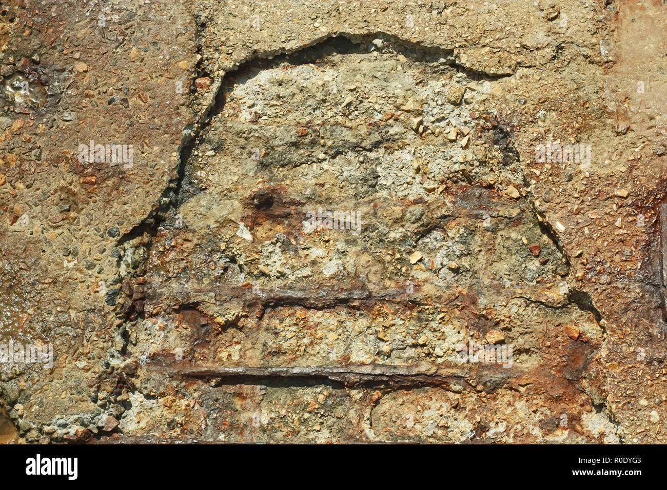 Detail of old broken concrete blocks with rusty iron rods outside Stock ...