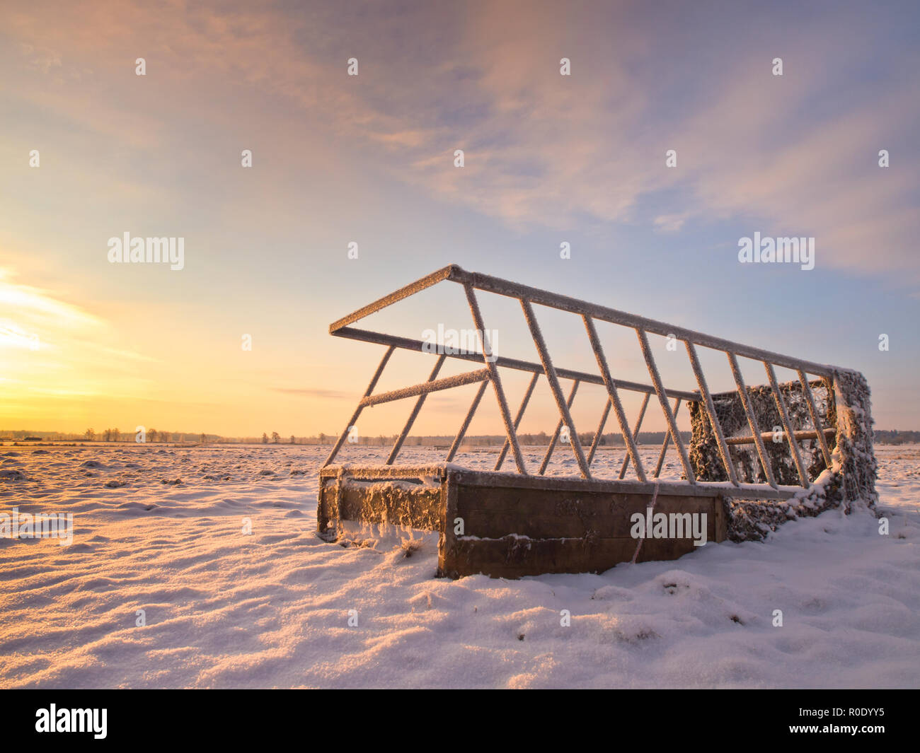 Feed box in a snowy field during sunrise Stock Photo - Alamy