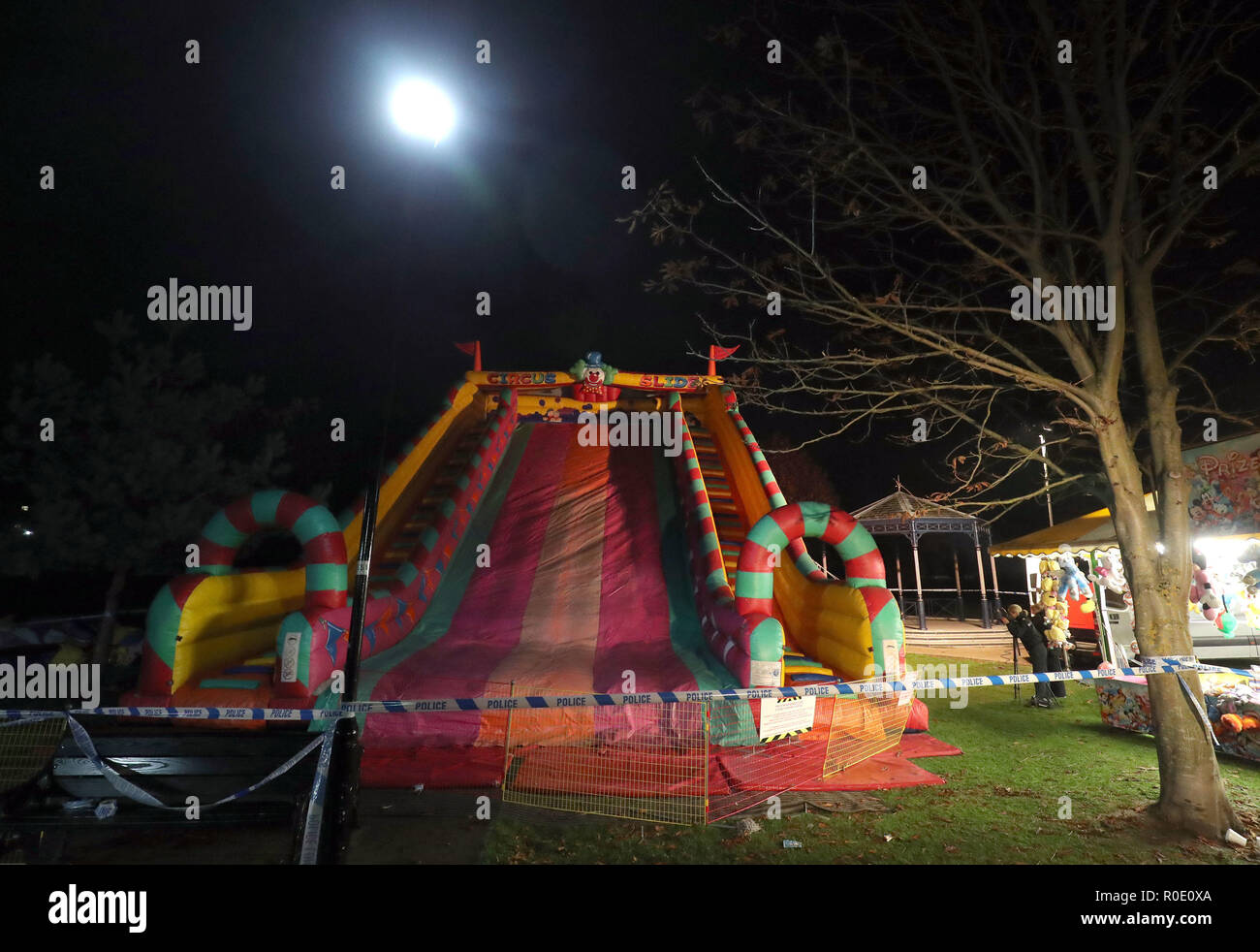 A view of the scene at a fireworks funfair in Woking Park, Surrey ...