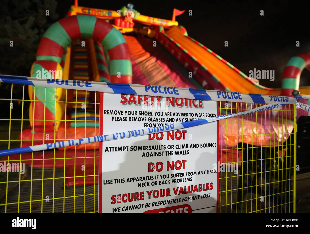 A view of the scene at a fireworks funfair in Woking Park, Surrey ...
