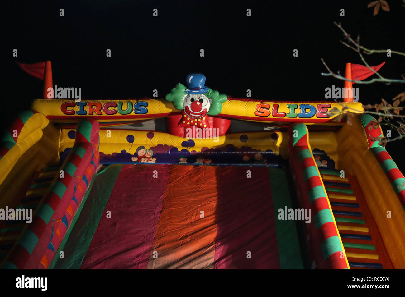 A view of the scene at a fireworks funfair in Woking Park, Surrey ...