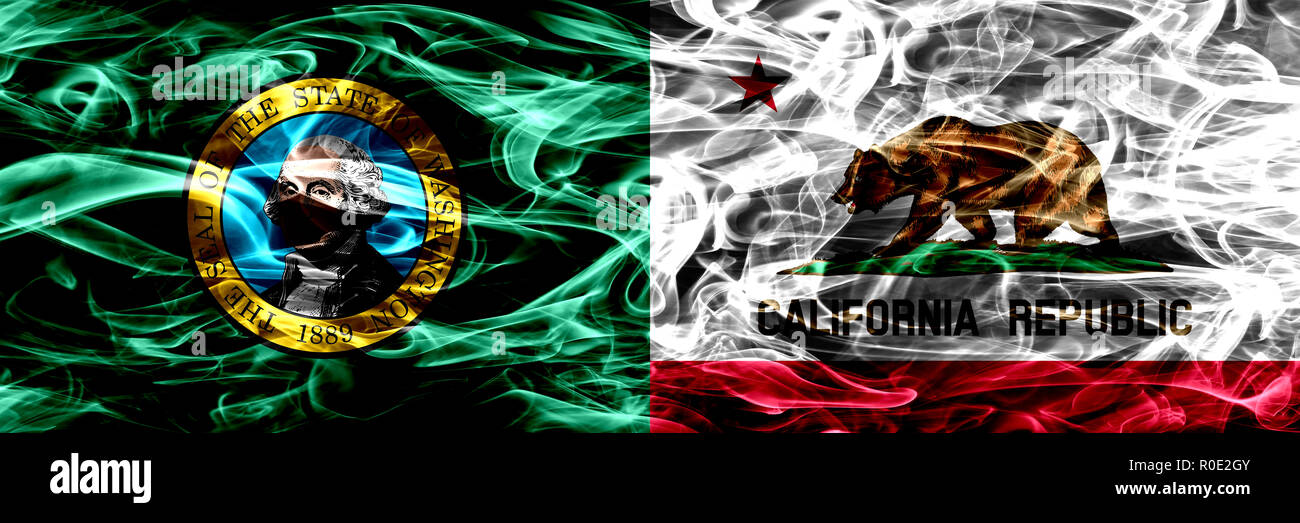 Washington vs California colorful concept smoke flags placed side by ...