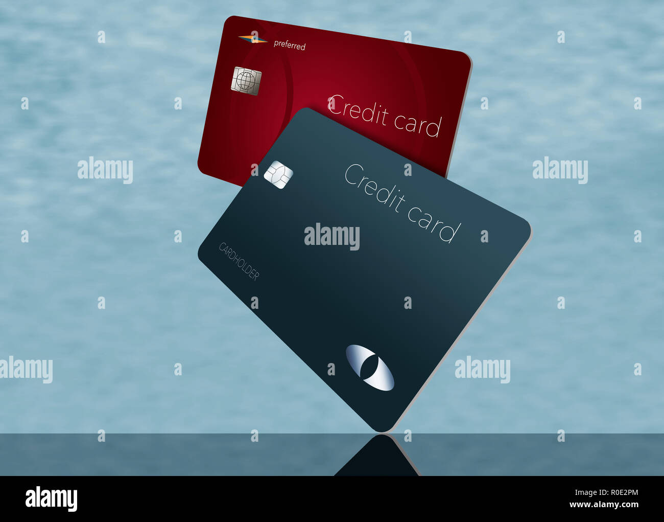 Credit cards are seen here floating and flying in the sky. This is an ...
