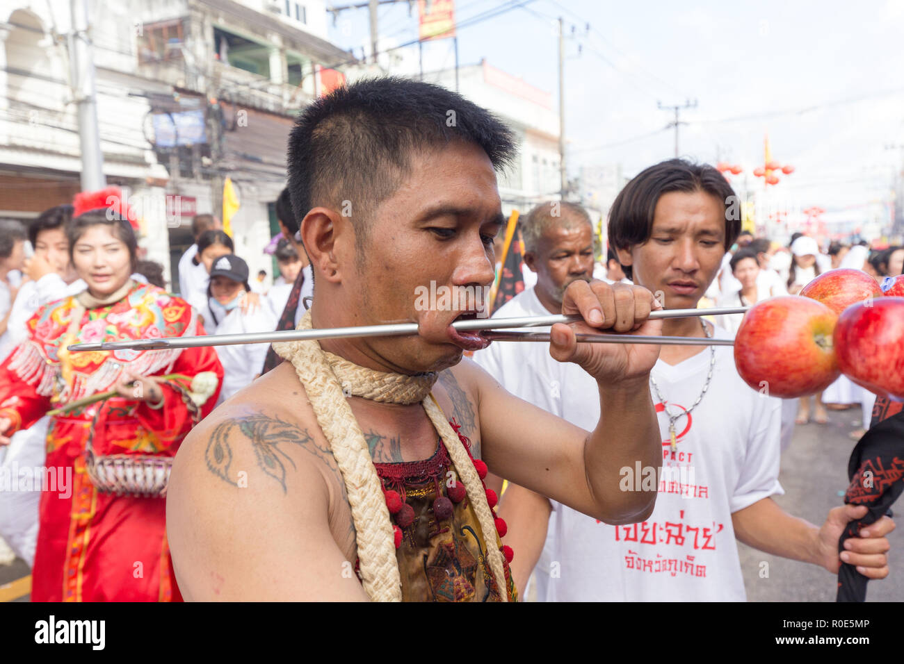 Phuket Town, THAILAND, October 07, 2016 : Devotee extreme piercing ...