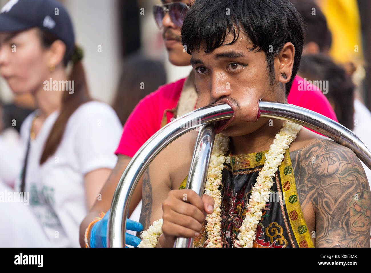 Phuket Town, THAILAND, October 07, 2016 : Devotee extreme piercing ...