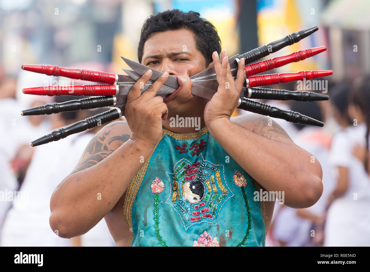 Phuket Town, THAILAND, October 07, 2016 : Devotee extreme piercing ...