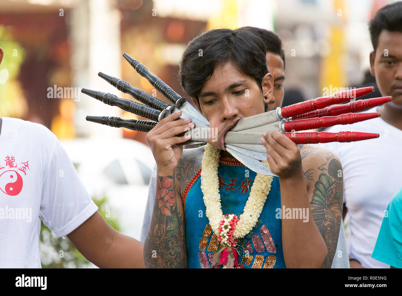 Phuket Town, THAILAND, October 07, 2016 : Devotee extreme piercing ...