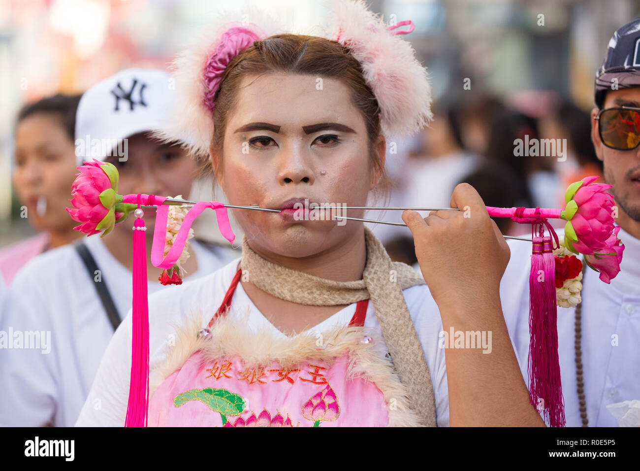 Phuket Town, THAILAND, October 07, 2016 : Female devotee extreme ...