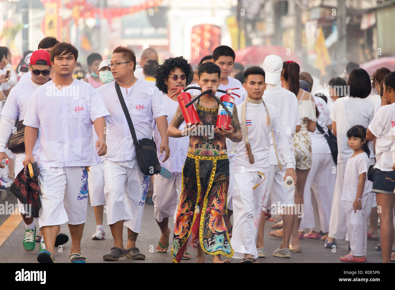 Phuket Town, THAILAND, October 07, 2016 : Devotee extreme piercing ...