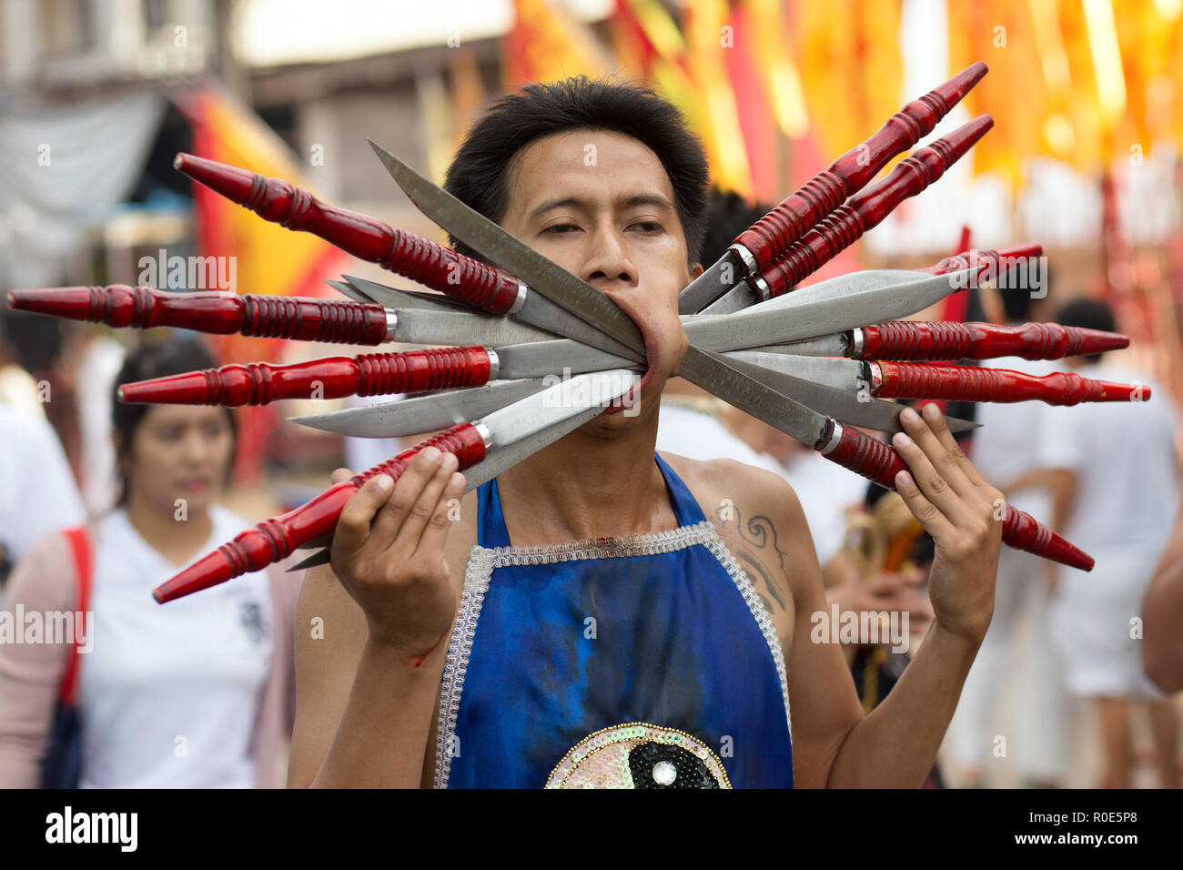 Phuket Town, THAILAND, October 06, 2016 : Devotee extreme piercing ...