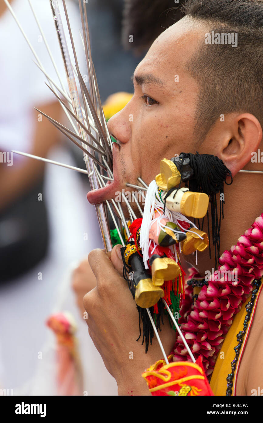 Phuket Town, THAILAND, October 06, 2016 : Devotee extreme piercing ...