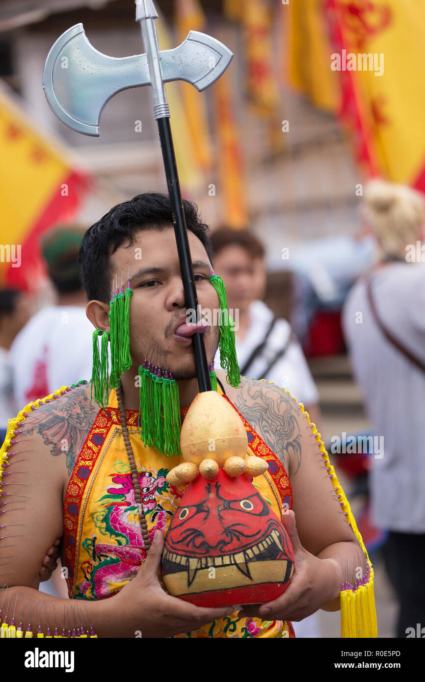 Phuket Town, THAILAND, October 06, 2016 : Devotee extreme piercing ...