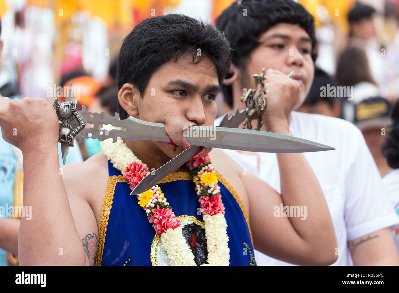 Phuket Town, THAILAND, October 06, 2016 : Devotee extreme piercing ...