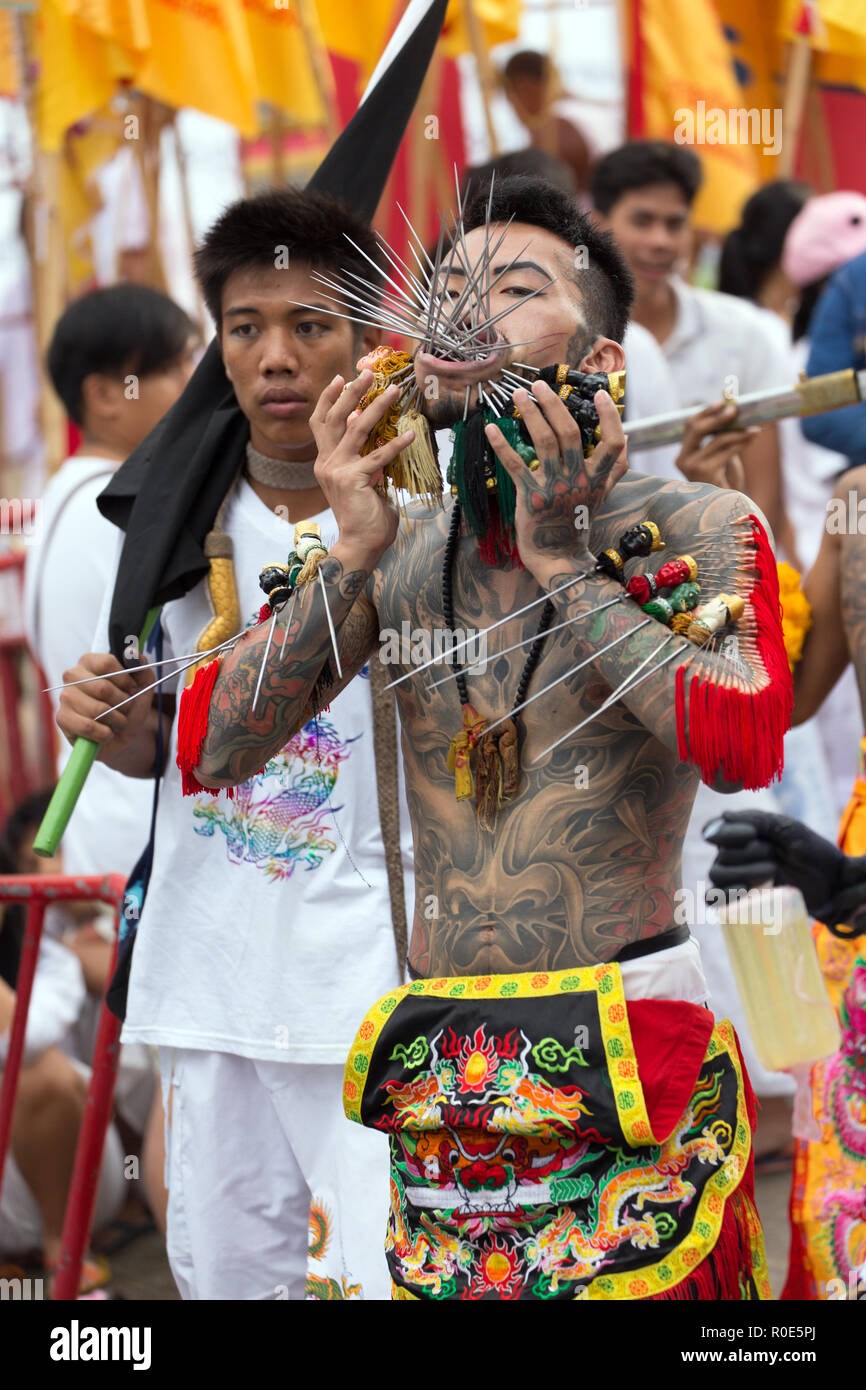 Phuket Town, THAILAND, October 06, 2016 : Devotee extreme piercing ...