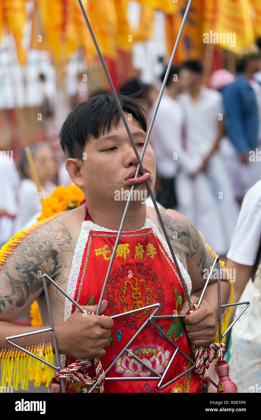 Phuket Town, THAILAND, October 06, 2016 : Devotee extreme piercing ...
