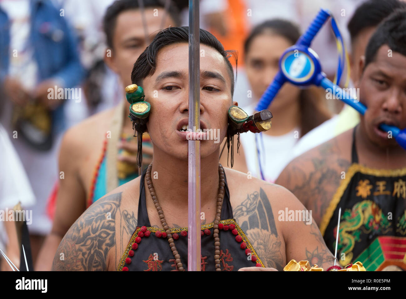 Phuket Town, THAILAND, October 06, 2016 : Devotee extreme piercing ...