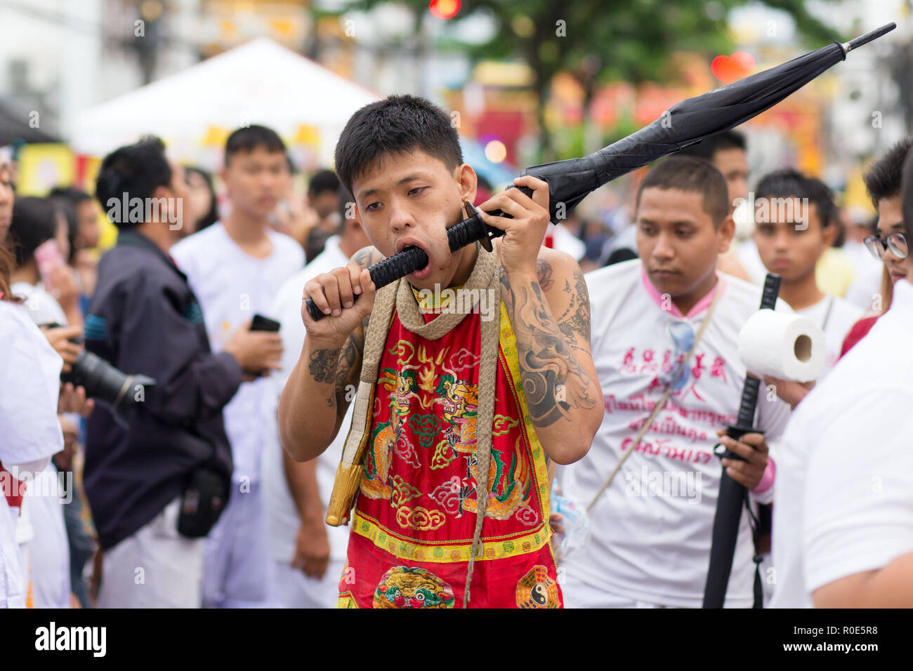 Phuket Town, THAILAND, October 06, 2016 : Devotee extreme piercing ...