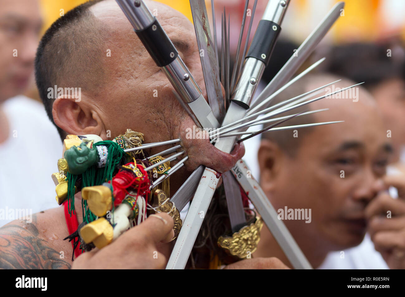 Phuket Town, THAILAND, October 06, 2016 : Devotee extreme piercing ...