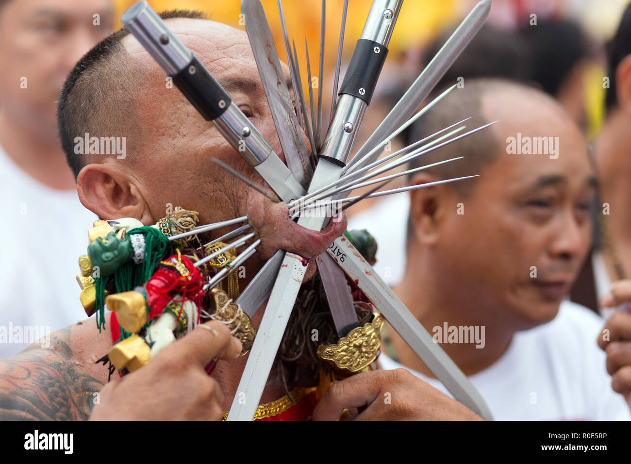 Phuket Town, THAILAND, October 06, 2016 : Devotee extreme piercing ...