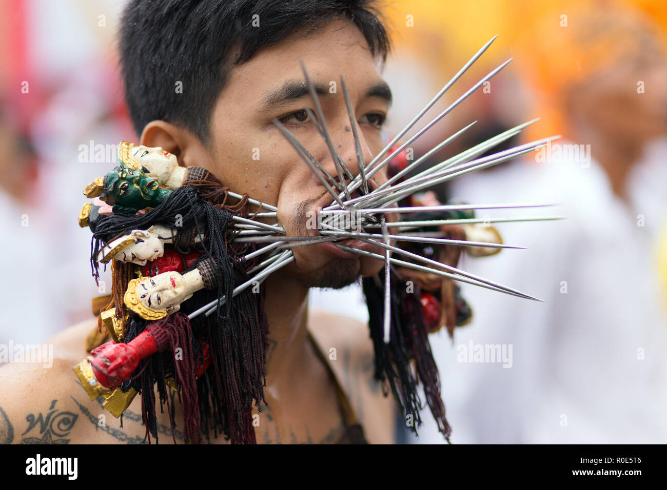 Phuket Town, THAILAND, October 06, 2016 : Devotee extreme piercing ...