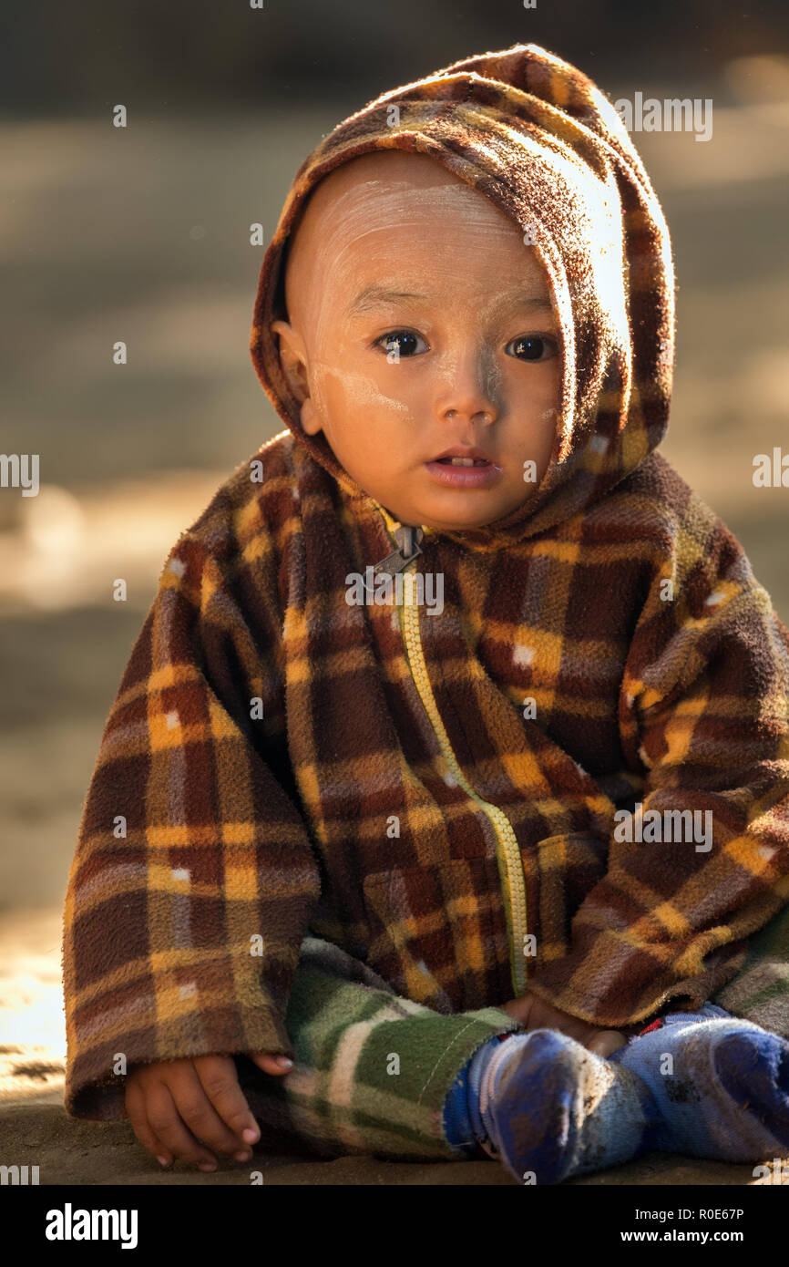 BAGAN, MYANMAR, JANUARY 24, 2015: Portrait of a Burmese little child in ...