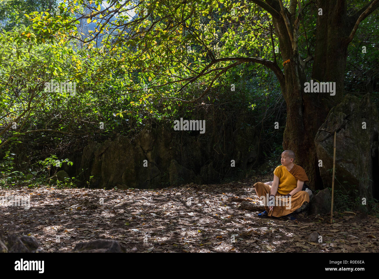 CHIANG DAO, THAILAND, JANUARY 05, 2015: A Buddhist monk leaning back ...