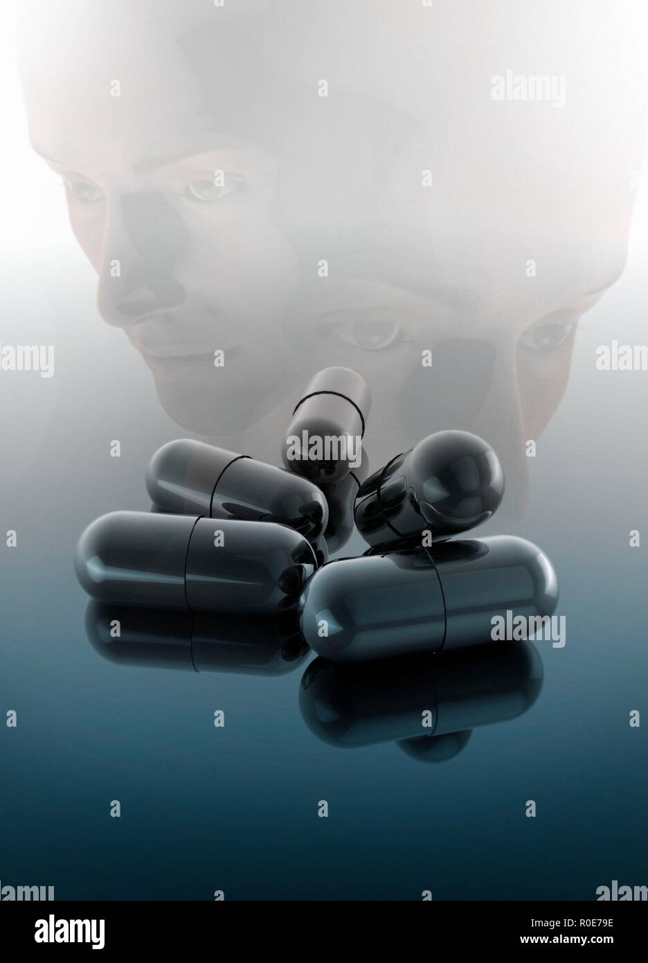 Man and capsules, illustration Stock Photo - Alamy