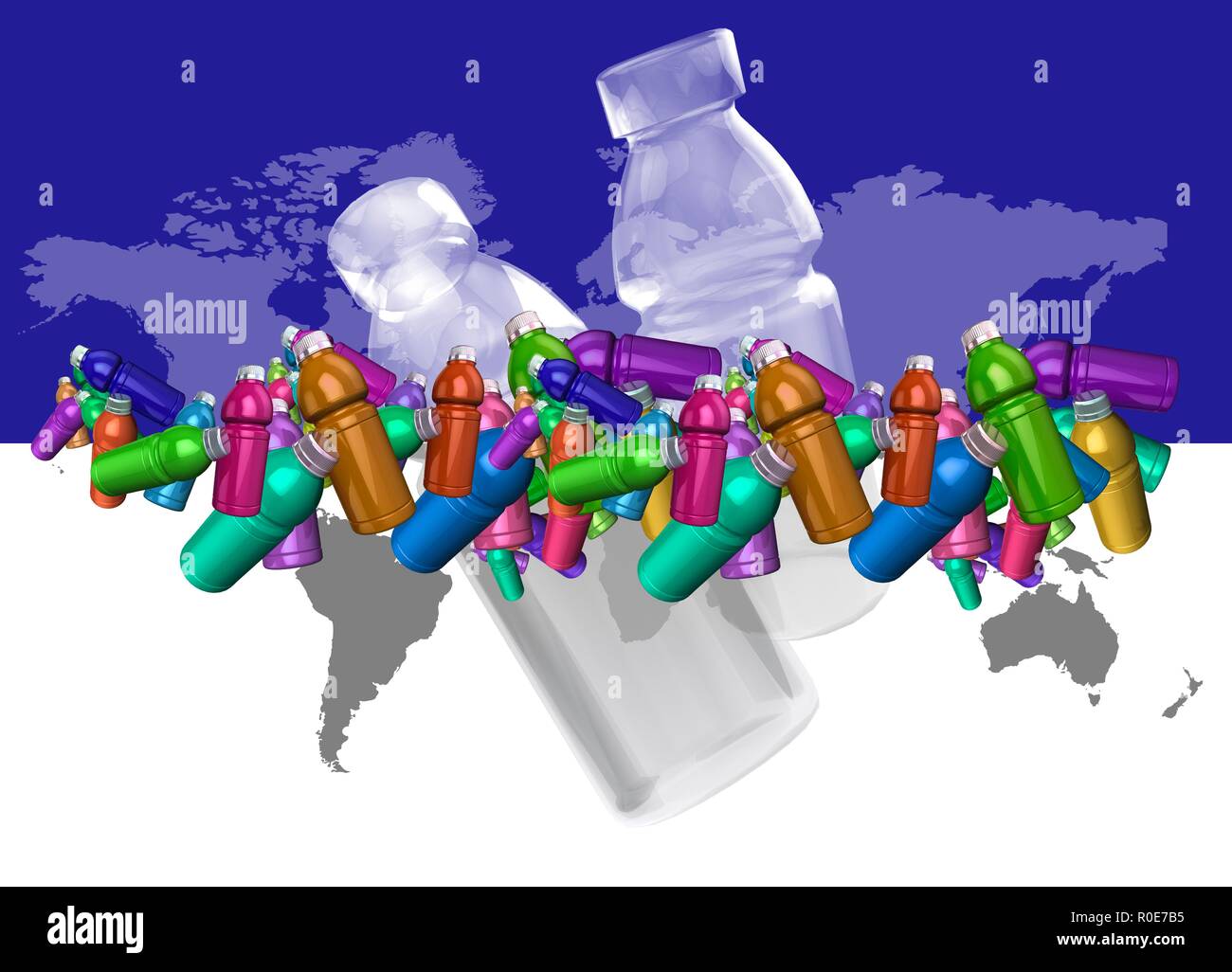 Plastic bottles and world map, illustration Stock Photo - Alamy