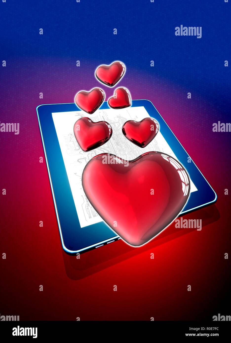 Digital tablet with heart shapes, illustration Stock Photo - Alamy