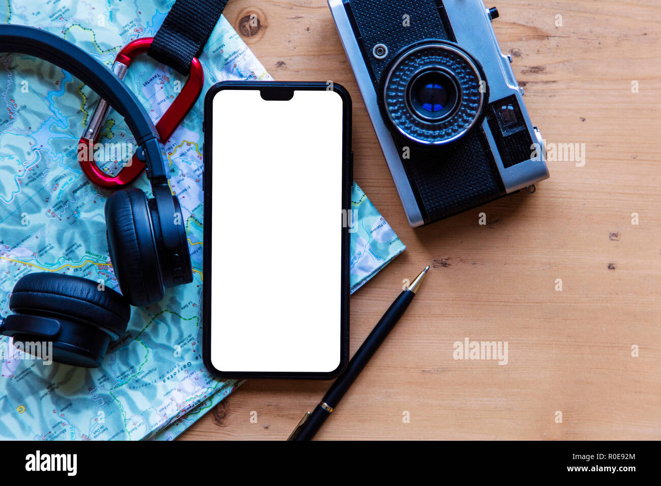 Modern smartphone with travel items. Blank screen phone display Stock ...