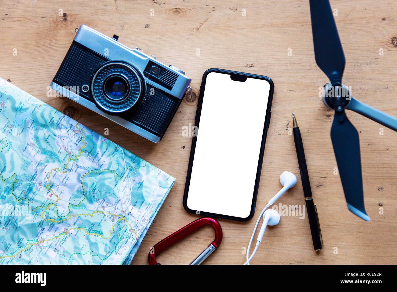 Modern smartphone with travel items. Blank screen phone display Stock ...