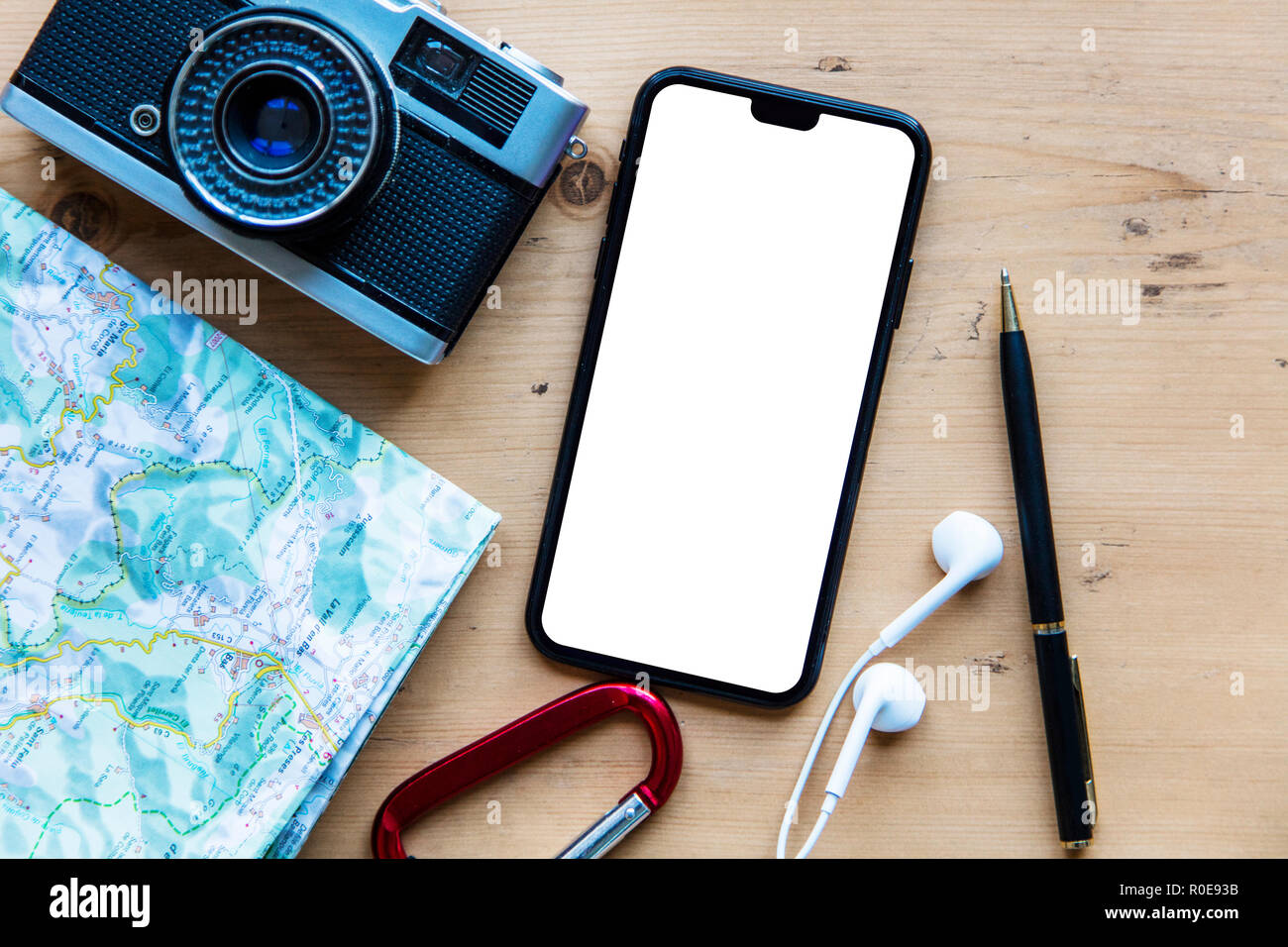 Modern smartphone with travel items. Blank screen phone display Stock ...