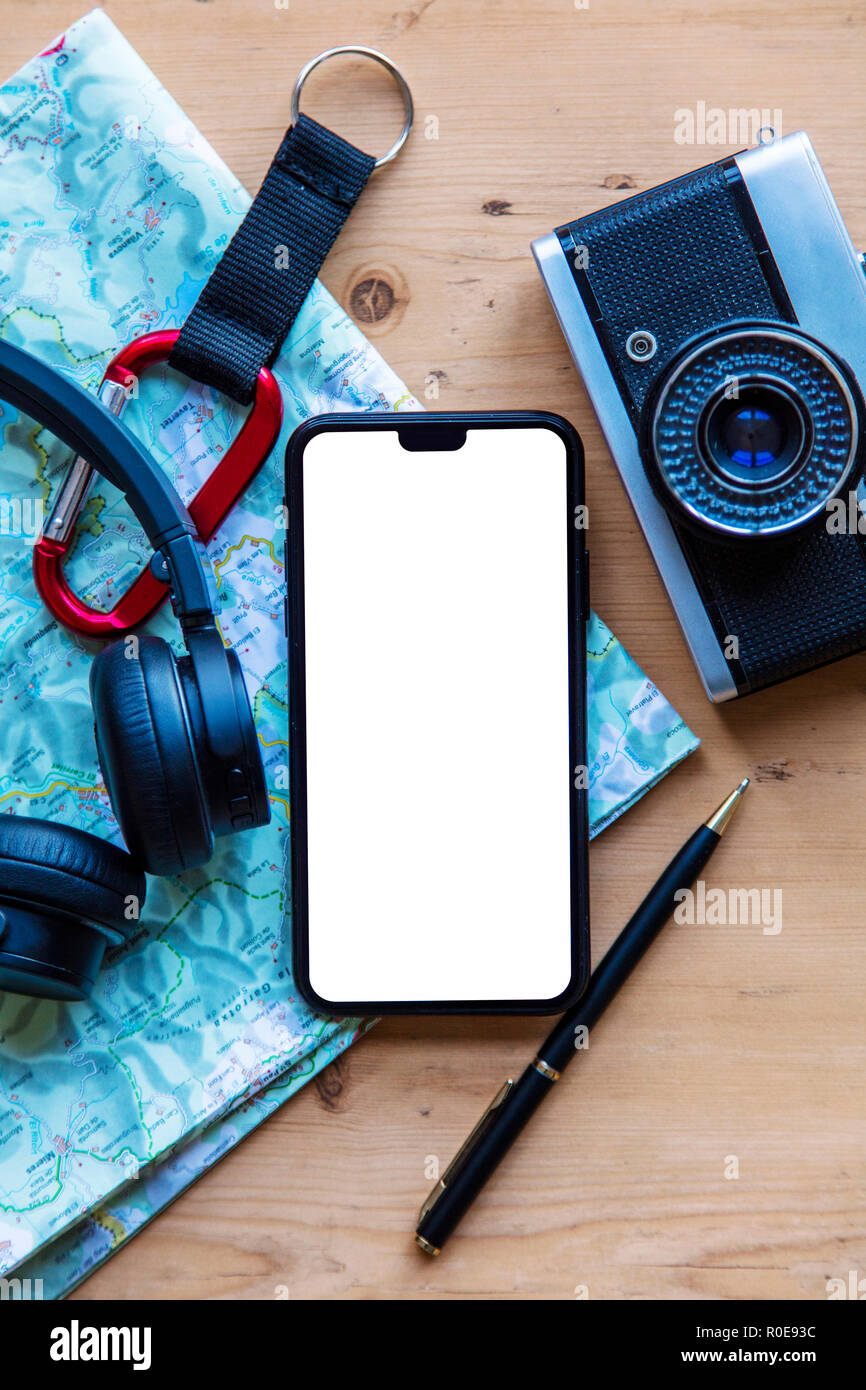 Modern smartphone with travel items. Blank screen phone display Stock ...