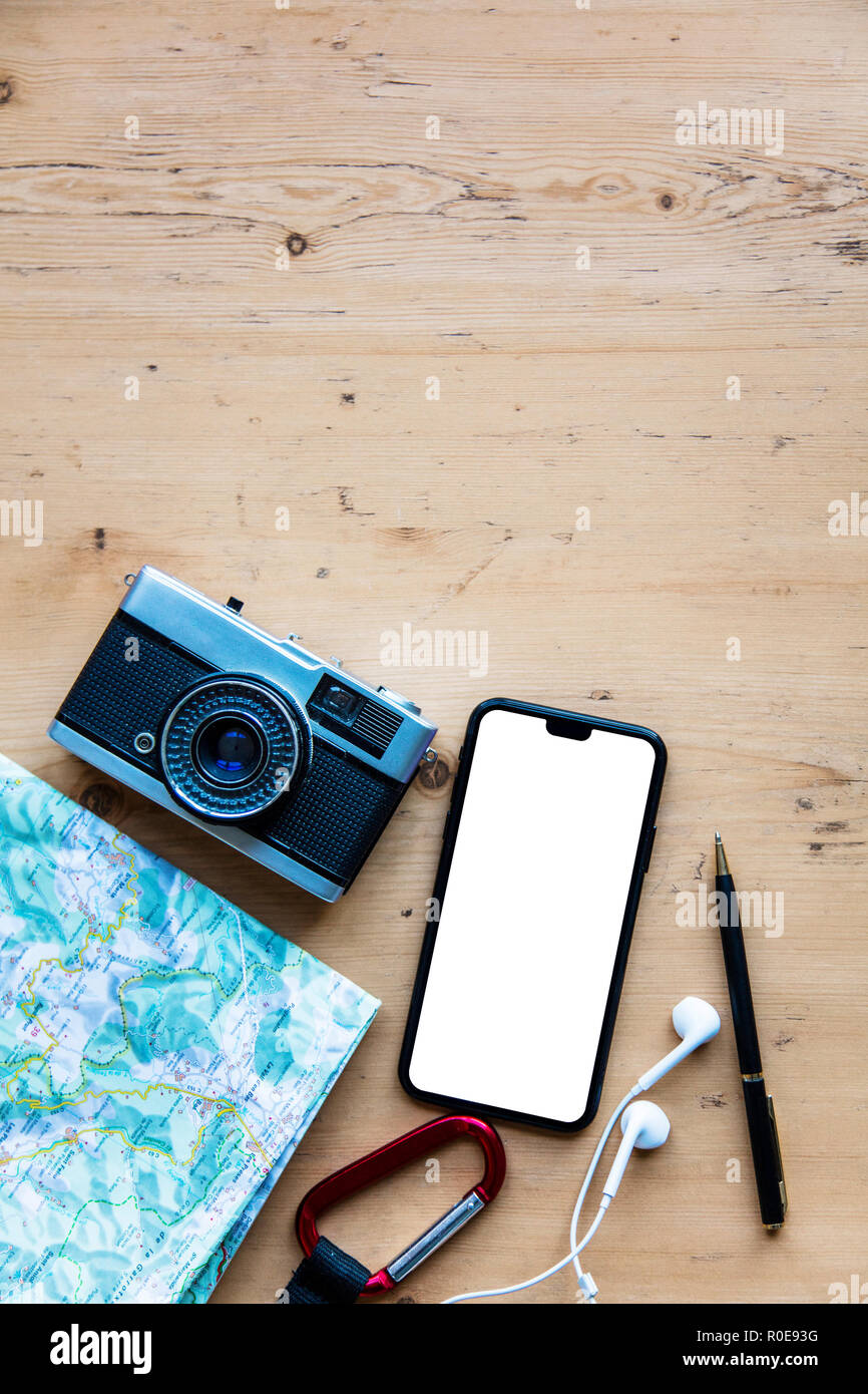 Modern smartphone with travel items. Blank screen phone display Stock ...