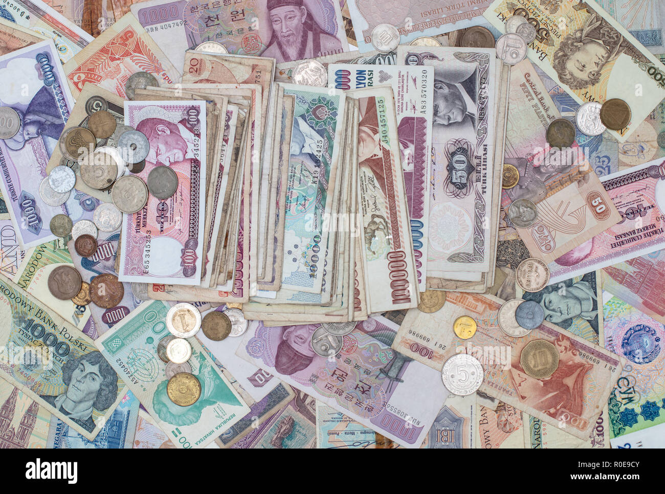 Banknotes and coins from different countries.Money background, Closeup ...