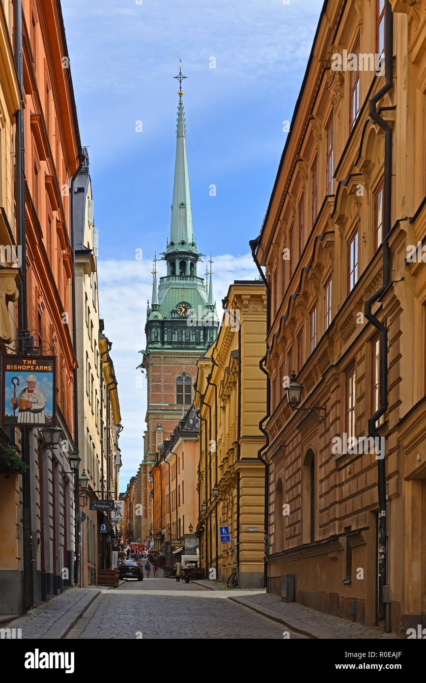 Old town (Gamla stan). Tyska Brinken (German Slope) and German Church ...