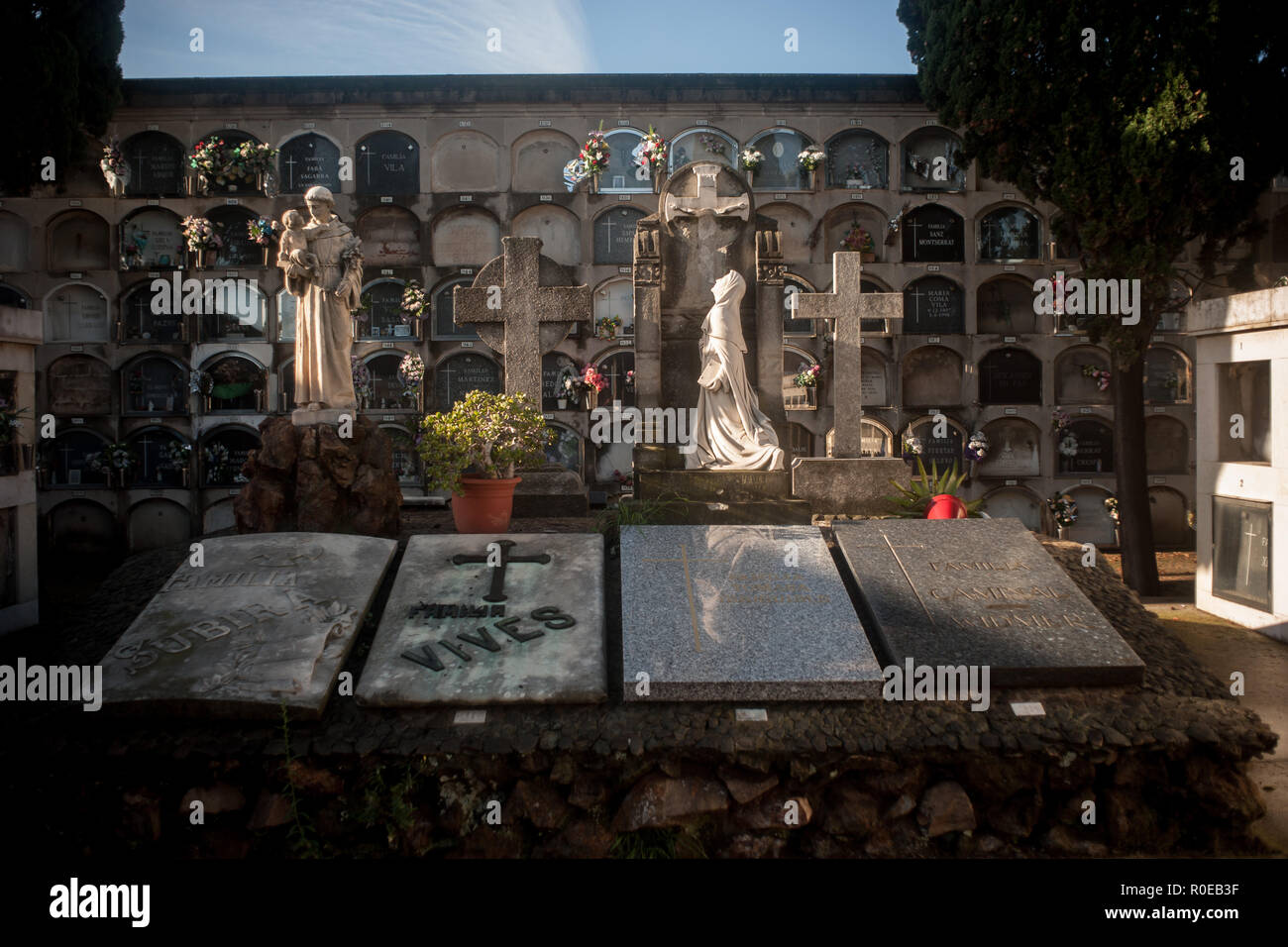 Tombs and graves at Poblenou cemetery in Barcelona, Catalonia, Spain ...
