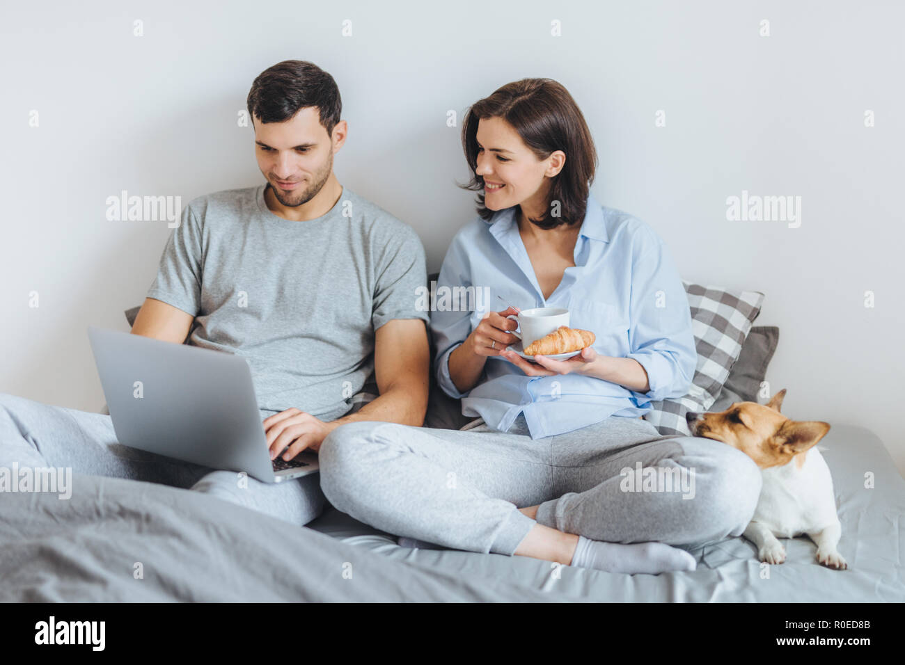 Affectionate couple enjoy spending weekends together, watch interesting ...