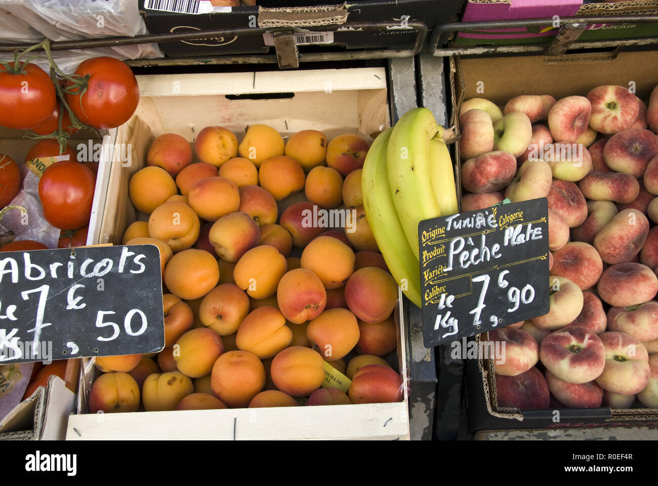 A colorful display of fruit outside a produce shop in Paris, France ...