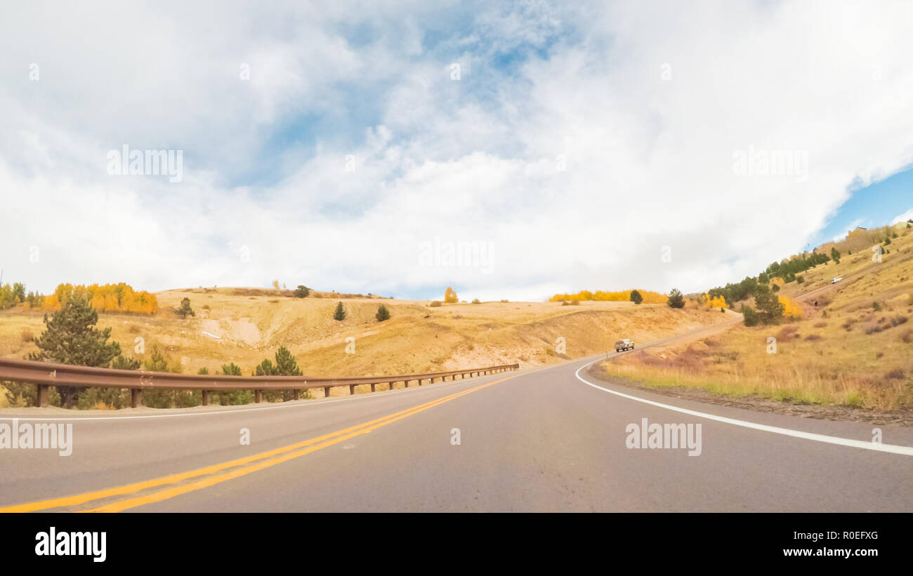Driving on mountain highway 67 to Colorado Springs in Autumn Stock ...