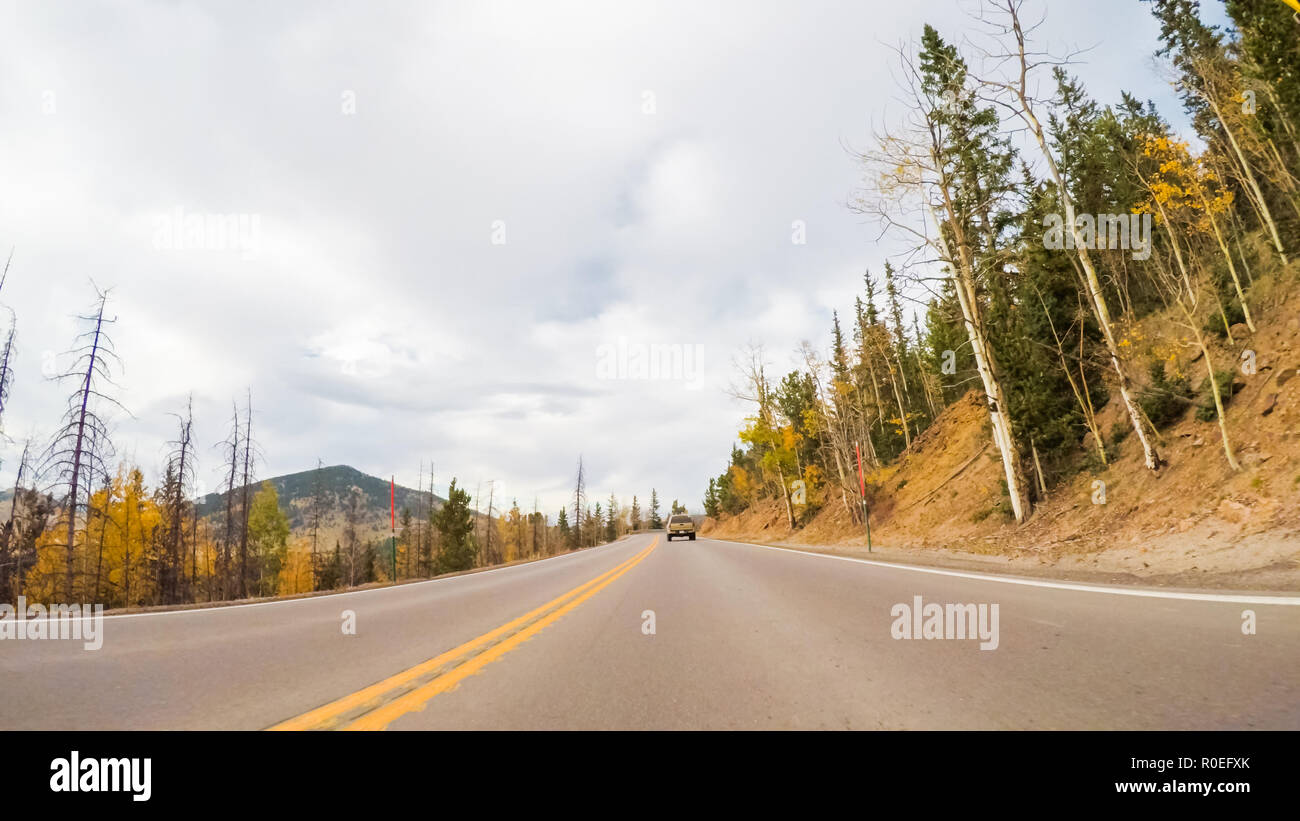 Driving on mountain highway 67 to Colorado Springs in Autumn Stock ...