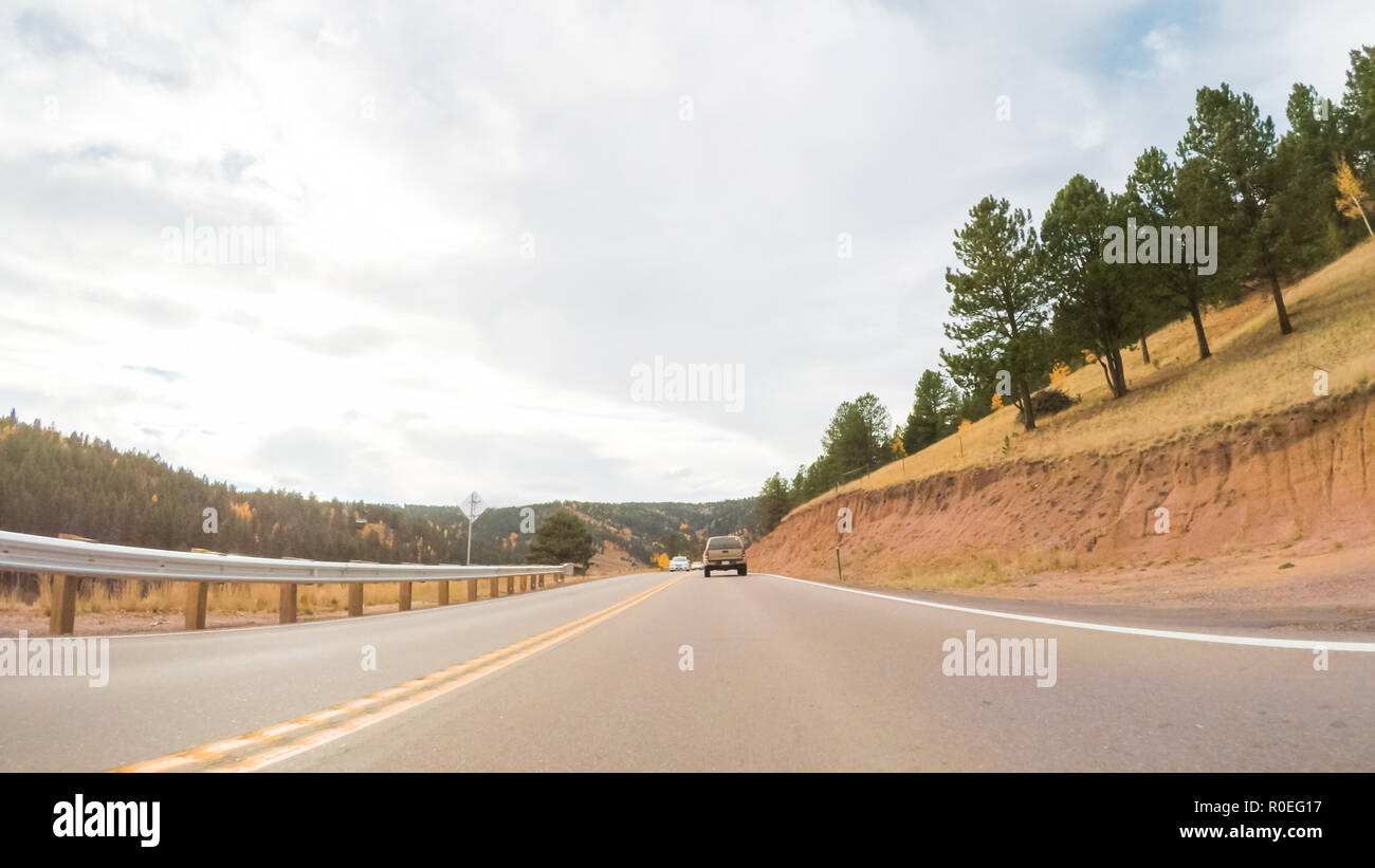 Driving on mountain highway 67 to Colorado Springs in Autumn Stock ...